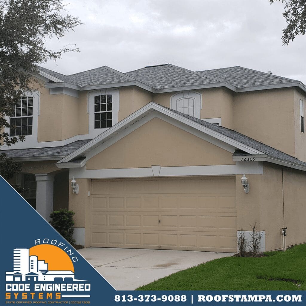 GAF Birchwood Shingles on a Beige House with White Trim and White Drip ...